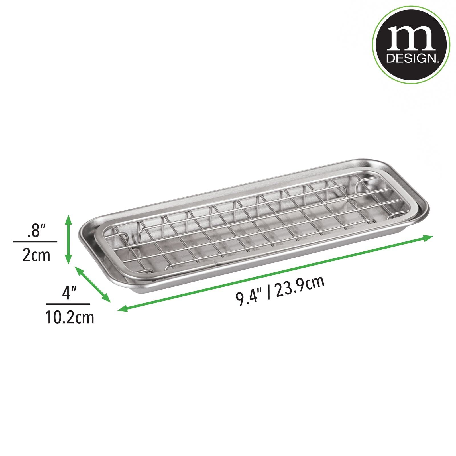 mDesign 2-Piece Sponge Tray for Kitchen Sink - Soap Holder for Kitchen Sink with Drainer Rack - Counter Caddy Dish for Scrubber and Sponges - Unity Collection - Brushed Chrome