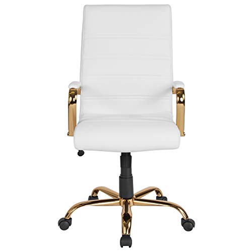 Flash Furniture Whitney High Back Desk Chair - White LeatherSoft Executive Swivel Office Chair with Gold Frame - Swivel Arm Chair