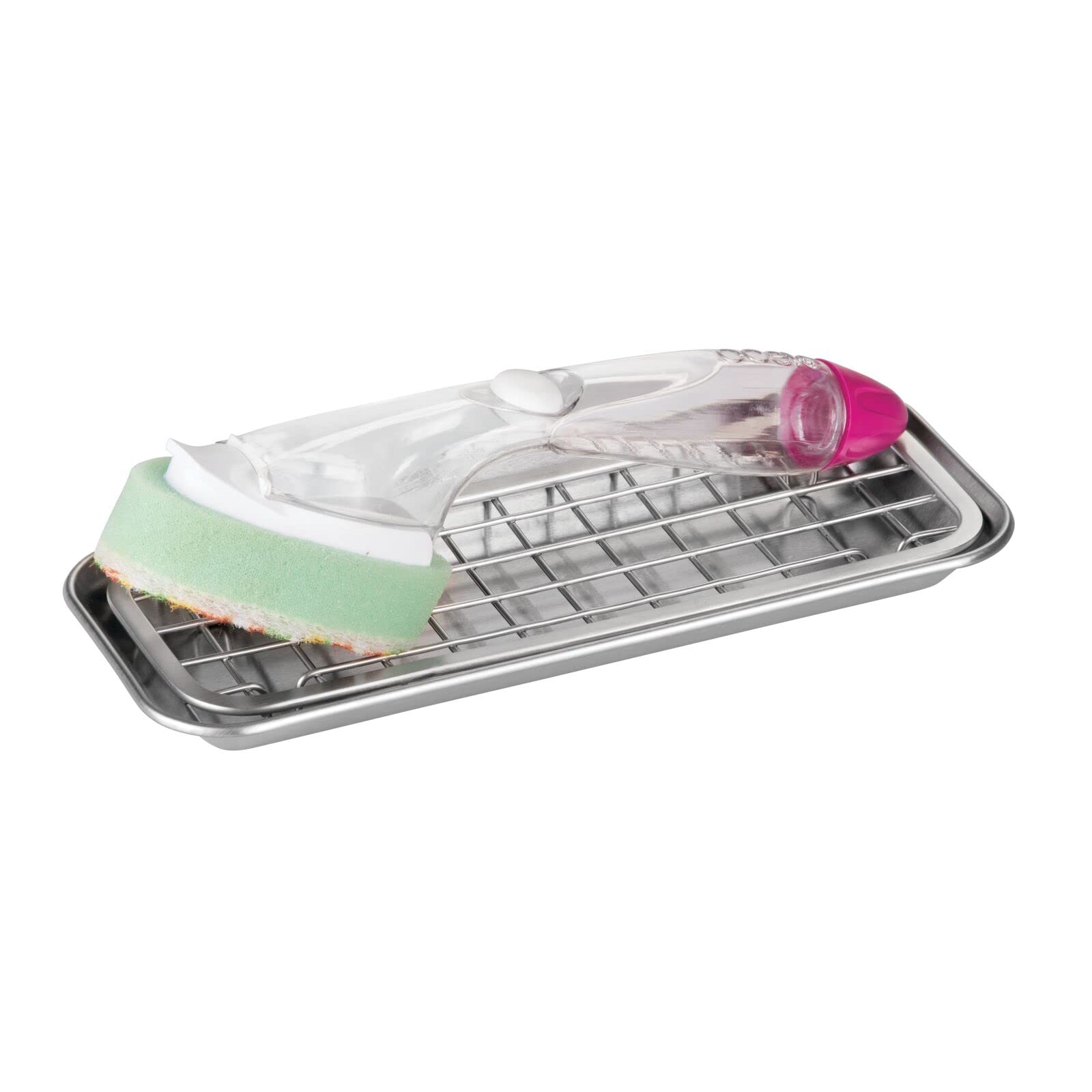 mDesign 2-Piece Sponge Tray for Kitchen Sink - Soap Holder for Kitchen Sink with Drainer Rack - Counter Caddy Dish for Scrubber and Sponges - Unity Collection - Brushed Chrome