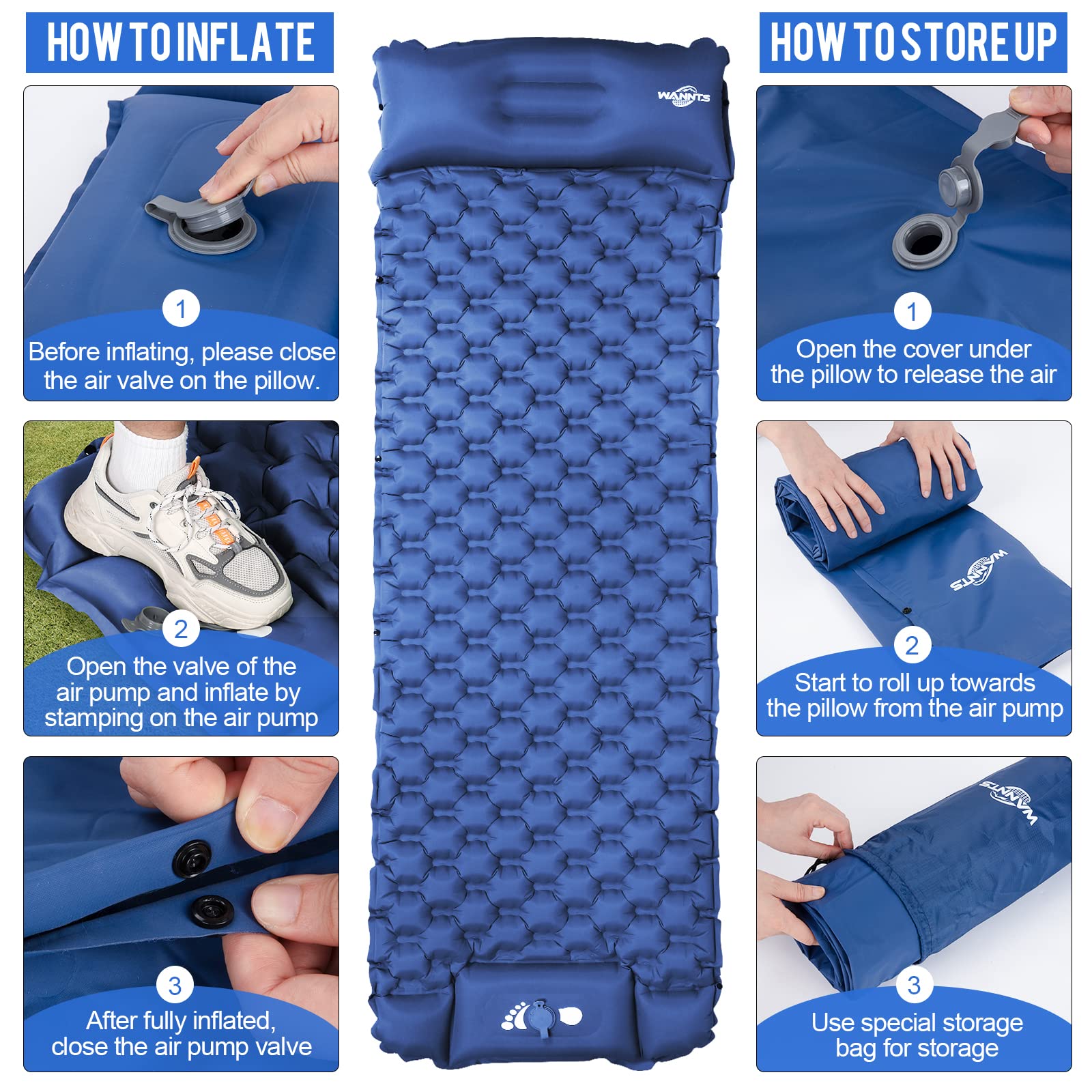 WANNTS Sleeping Pad, Ultralight Inflatable Sleeping Pad for Camping, Built-in Pump, Ultimate for Camping, Hiking - Airpad, Carry Bag, Repair Kit - Compact & Lightweight Camping Pad(Blue)