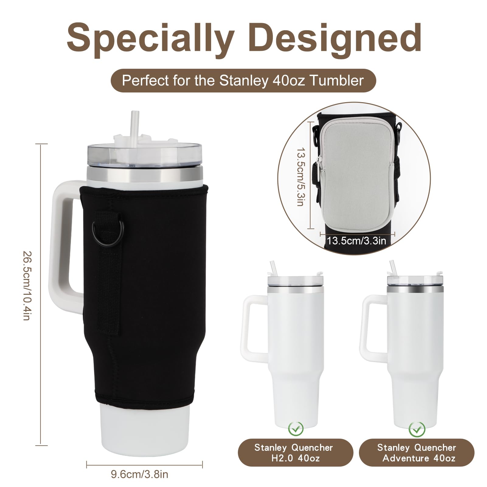 Water Bottle Carrier Bag Compatible with Stanley 40 Oz Tumbler with Bottle Pouch Holder Strap & Pocket Sling Neoprene Sleeve Sports Water Bottle Accessories for Travelling Camping