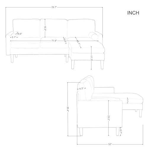 Eafurn L Shaped Sectional Sofa with Reversible Chaise Lounge, 3 Seater Convertible Corner Couch with Rubber Wood Legs, Modern Fabric Sofa&Couches for Living Room, Apartment and Small Space