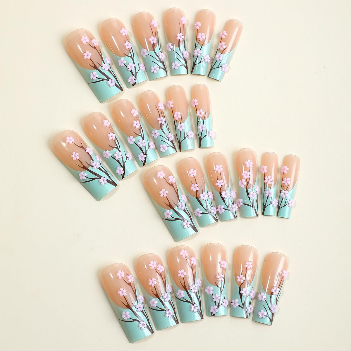 French Tip Press on Nails Coffin Green Fake Nails with Cherry Blossom or Arizona Tea Peach Blossom and Tree Branch Decoration Designs 3D Flower Gems Glossy Square Long Acrylic Nails Press on for Women