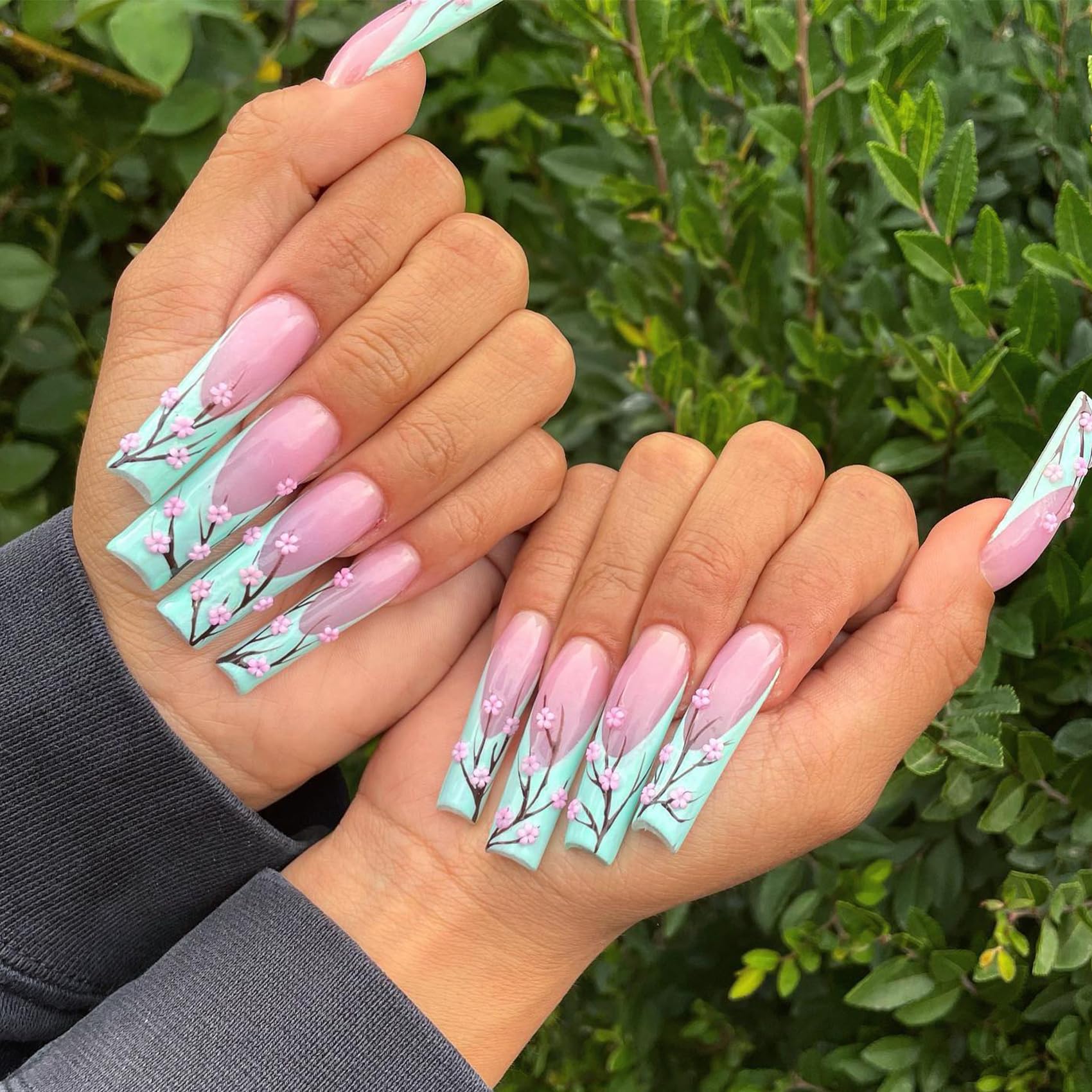 French Tip Press on Nails Coffin Green Fake Nails with Cherry Blossom or Arizona Tea Peach Blossom and Tree Branch Decoration Designs 3D Flower Gems Glossy Square Long Acrylic Nails Press on for Women