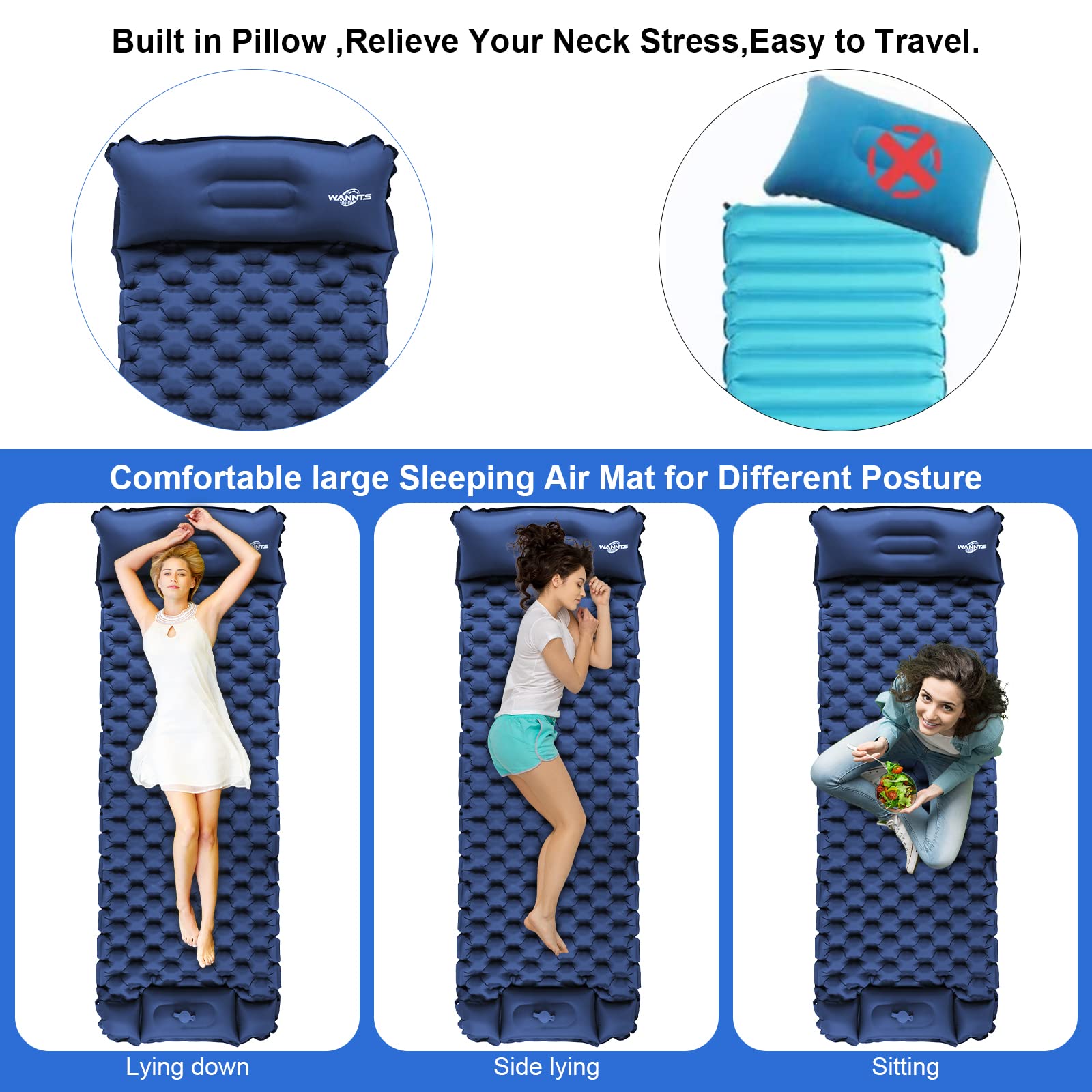 WANNTS Sleeping Pad, Ultralight Inflatable Sleeping Pad for Camping, Built-in Pump, Ultimate for Camping, Hiking - Airpad, Carry Bag, Repair Kit - Compact & Lightweight Camping Pad(Blue)