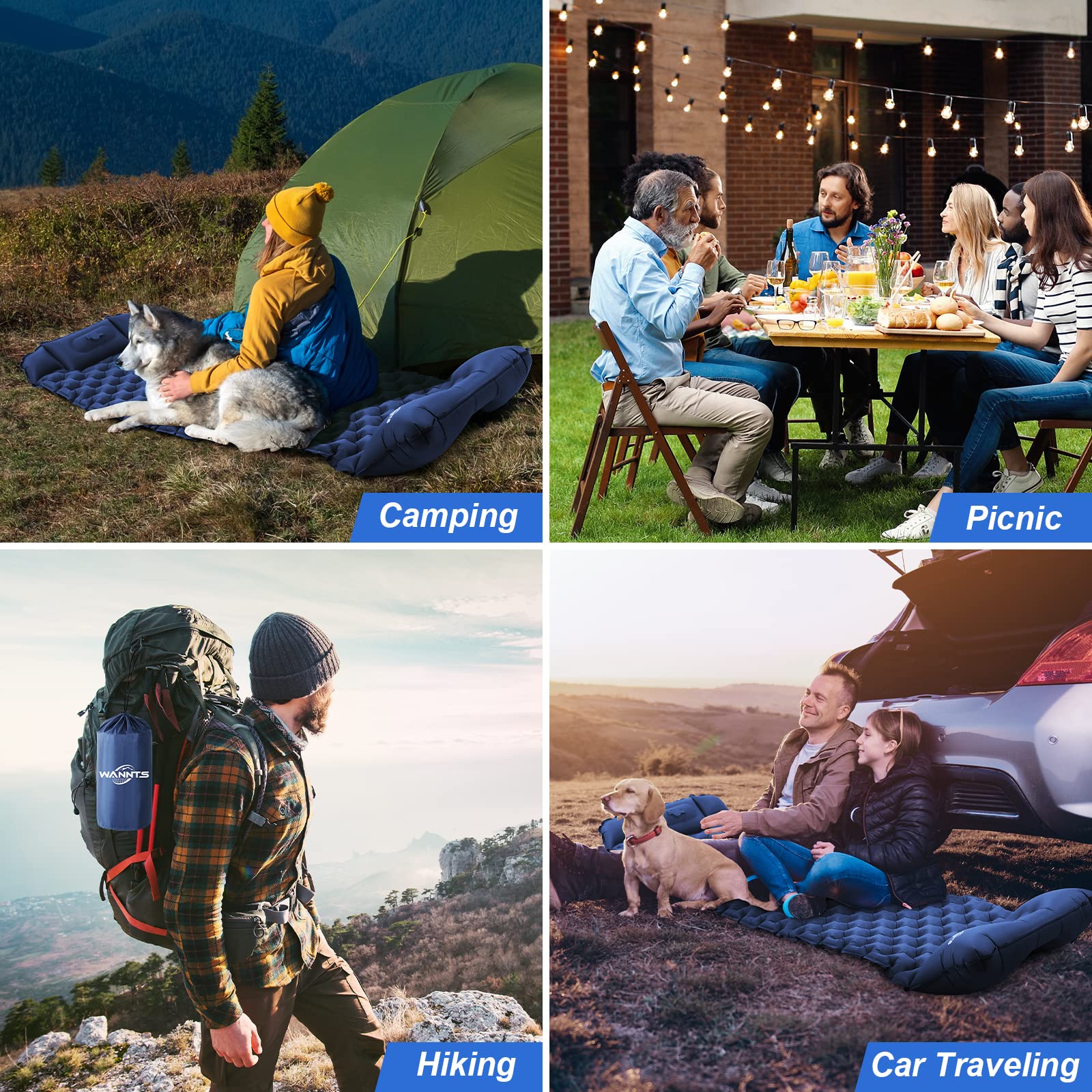 WANNTS Sleeping Pad, Ultralight Inflatable Sleeping Pad for Camping, Built-in Pump, Ultimate for Camping, Hiking - Airpad, Carry Bag, Repair Kit - Compact & Lightweight Camping Pad(Blue)