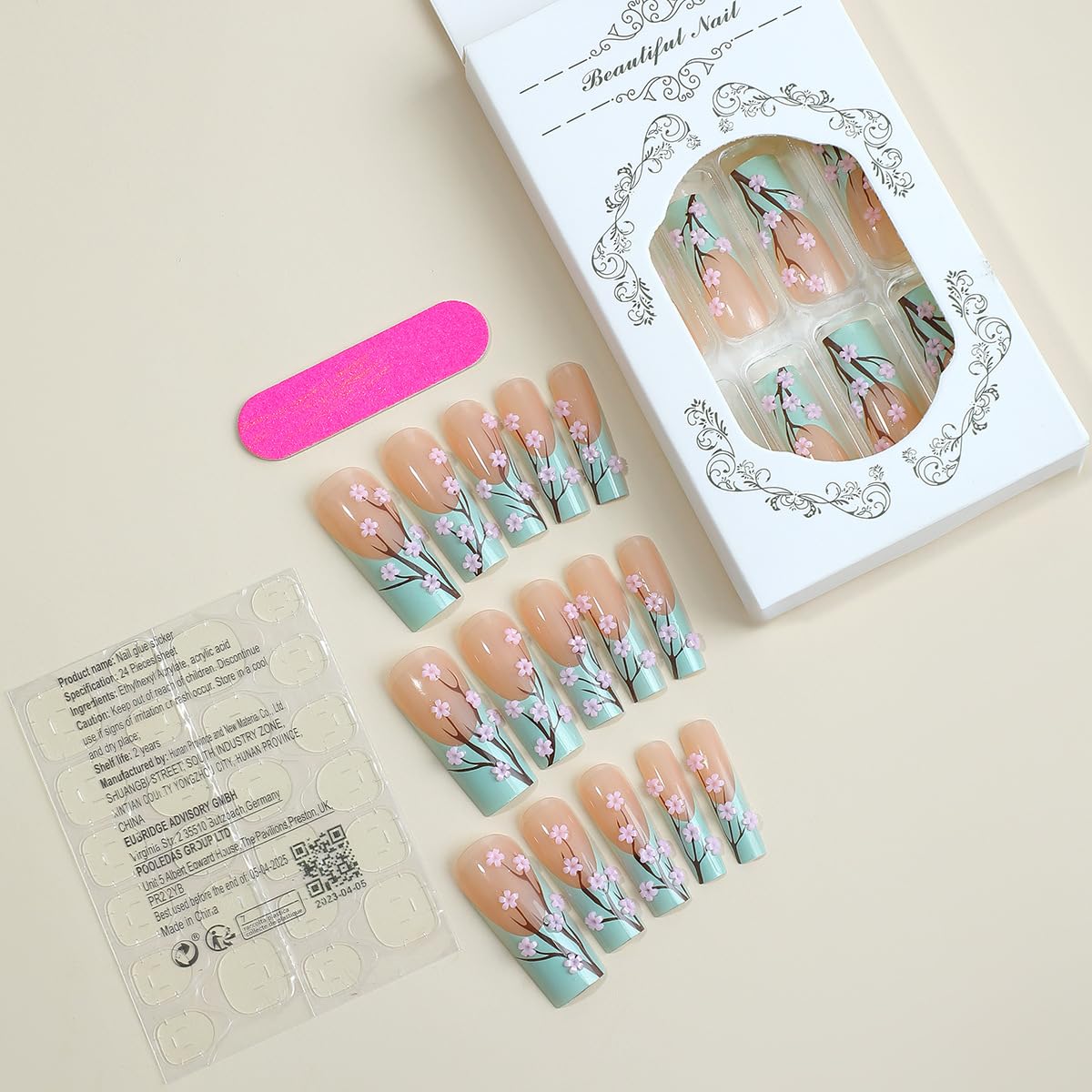 French Tip Press on Nails Coffin Green Fake Nails with Cherry Blossom or Arizona Tea Peach Blossom and Tree Branch Decoration Designs 3D Flower Gems Glossy Square Long Acrylic Nails Press on for Women