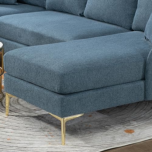 WOXYX Set Reversible Left or Right Sectional Sofa, U-Shape 4-Seat Convertible Couch with Lounge-Chaise Upholstered and Two Throw Pillows, Blue