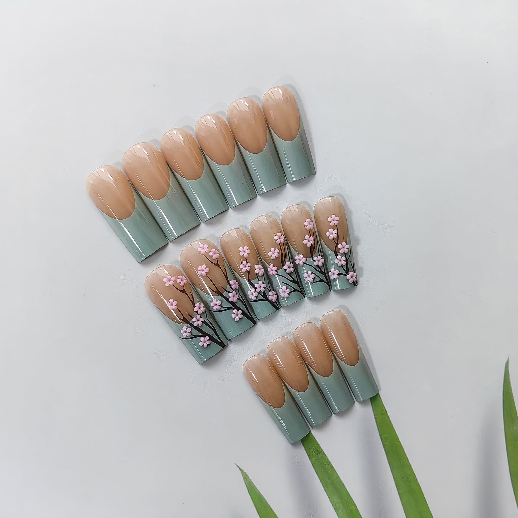 French Tip Press on Nails Coffin Green Fake Nails with Cherry Blossom or Arizona Tea Peach Blossom and Tree Branch Decoration Designs 3D Flower Gems Glossy Square Long Acrylic Nails Press on for Women