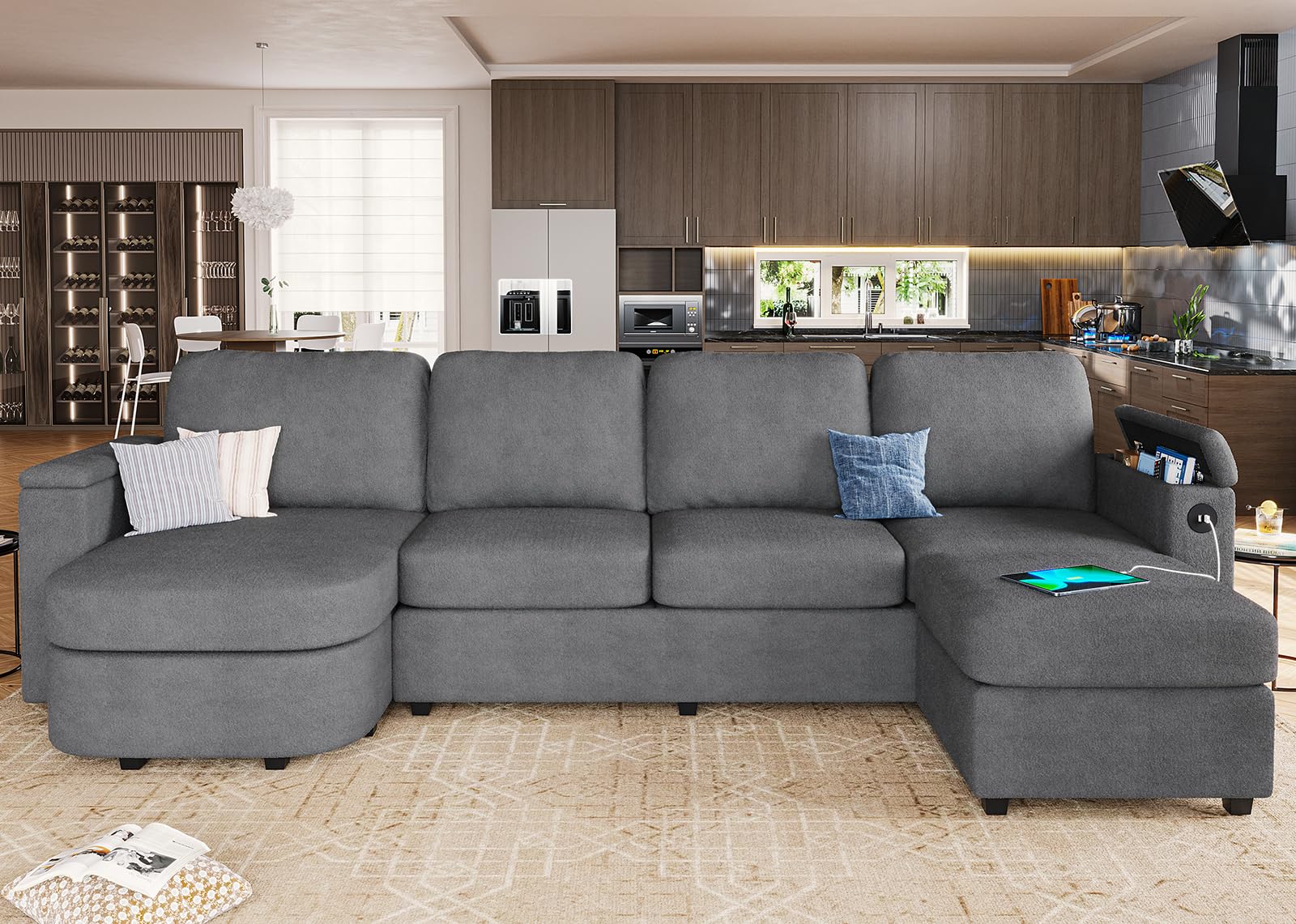 SEDETA U Shaped Couch, Sectional Sofa Couch with Storage Seat, Chenille Dark Grey