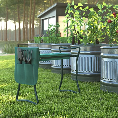Flash Furniture Assisi Foldable Garden Kneeler Bench- Double Sided Green Foam Padding - Green Welded Iron Tube Frame - Removable Tool Bag Pouch
