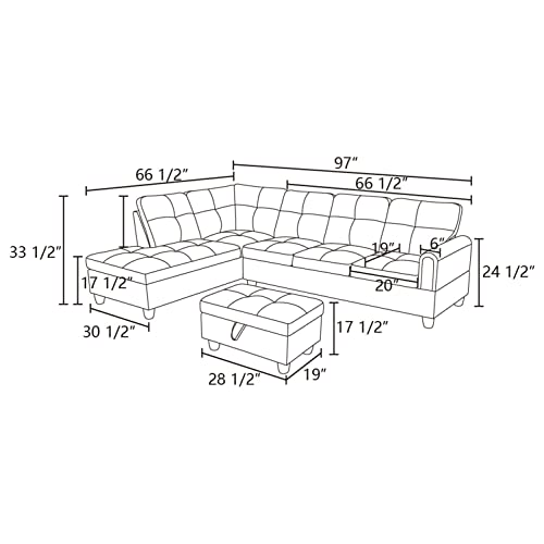 EZLUX Pearl White Faux Leather L-Shaped Left Chaise Sectional Sofa Couch Set with Ottoman for Living Room