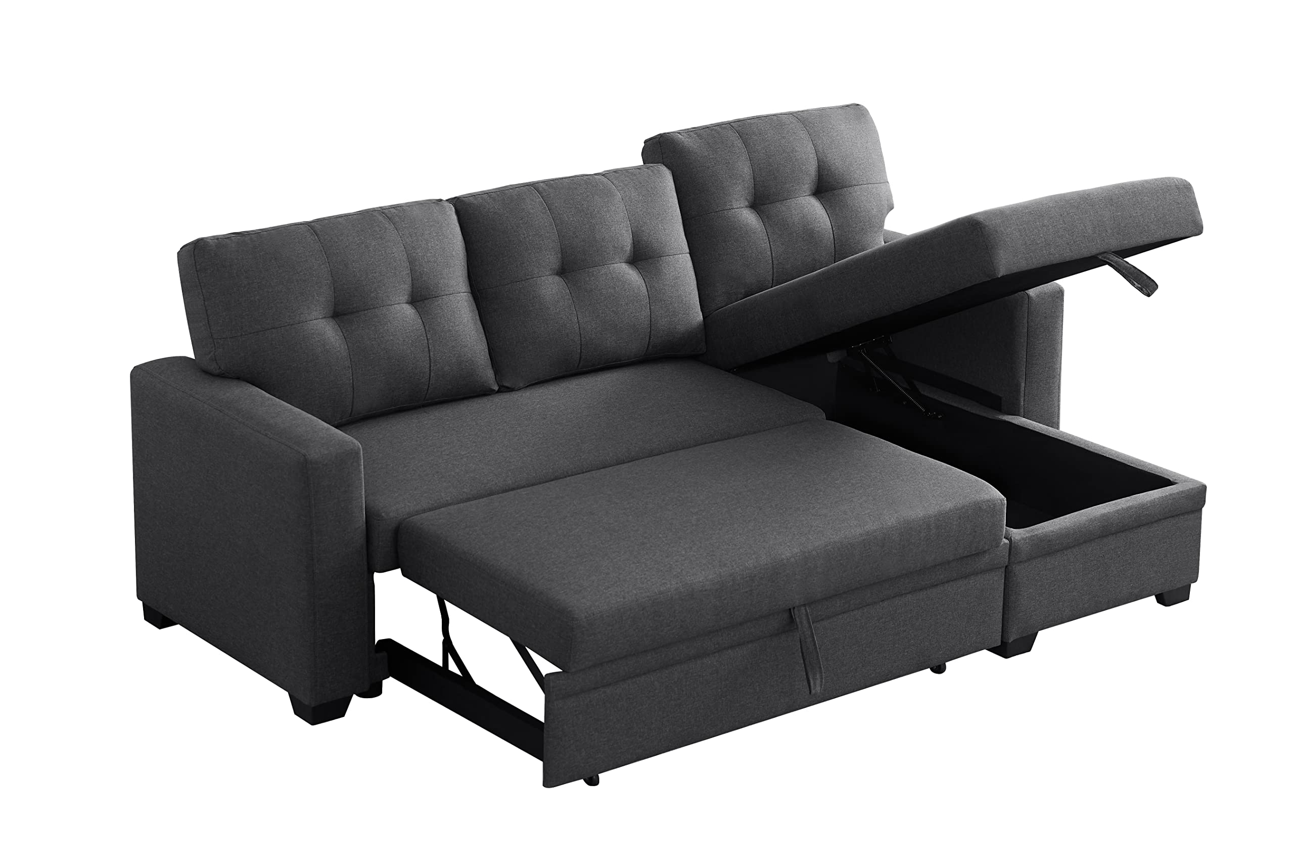 Prohon Sectional Multi-Functional Convertible Sleeper Sofa Bed, 3 Seats Loveseat with Pull Out Couch & Upholstered Chaise for Living Room Bedroom Home Office Apartment, Dark Gray