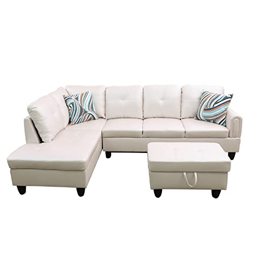 EZLUX Pearl White Faux Leather L-Shaped Left Chaise Sectional Sofa Couch Set with Ottoman for Living Room