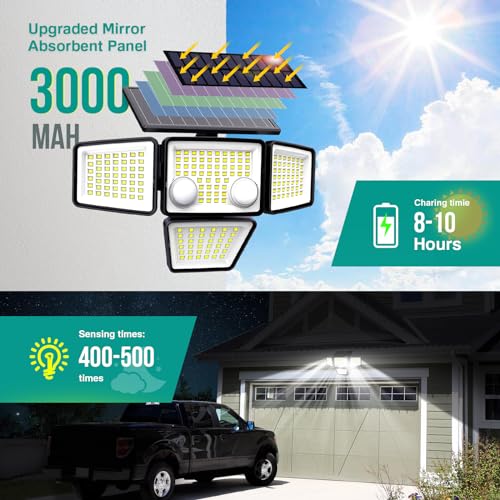 Solar Outdoor Lights - 3000LM 188 LED Motion Sensor Outdoor Lights, 4 Heads IP65 Waterproof Powered Security Flood Lights, 270°Wide Lighting Angle Wall Light with Dual Sensors for Backyard Yard Patio