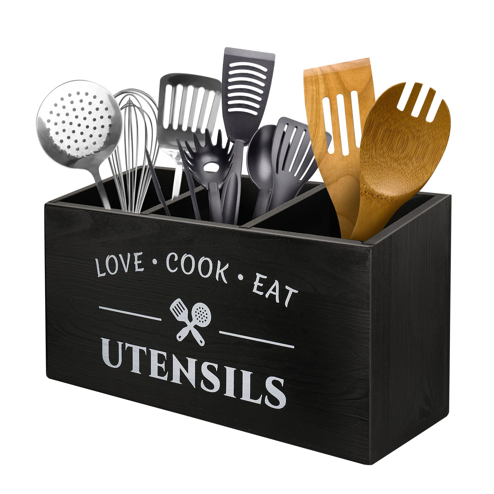 MINCORD Kitchen Utensil Holder with 3 Compartments, Rustic Wooden Utensils Storage Organizer Box Vintage Cutlery Holder, Farmhouse Flatware Utensil Caddy Countertop for Silverware Fork Spoon Spatula