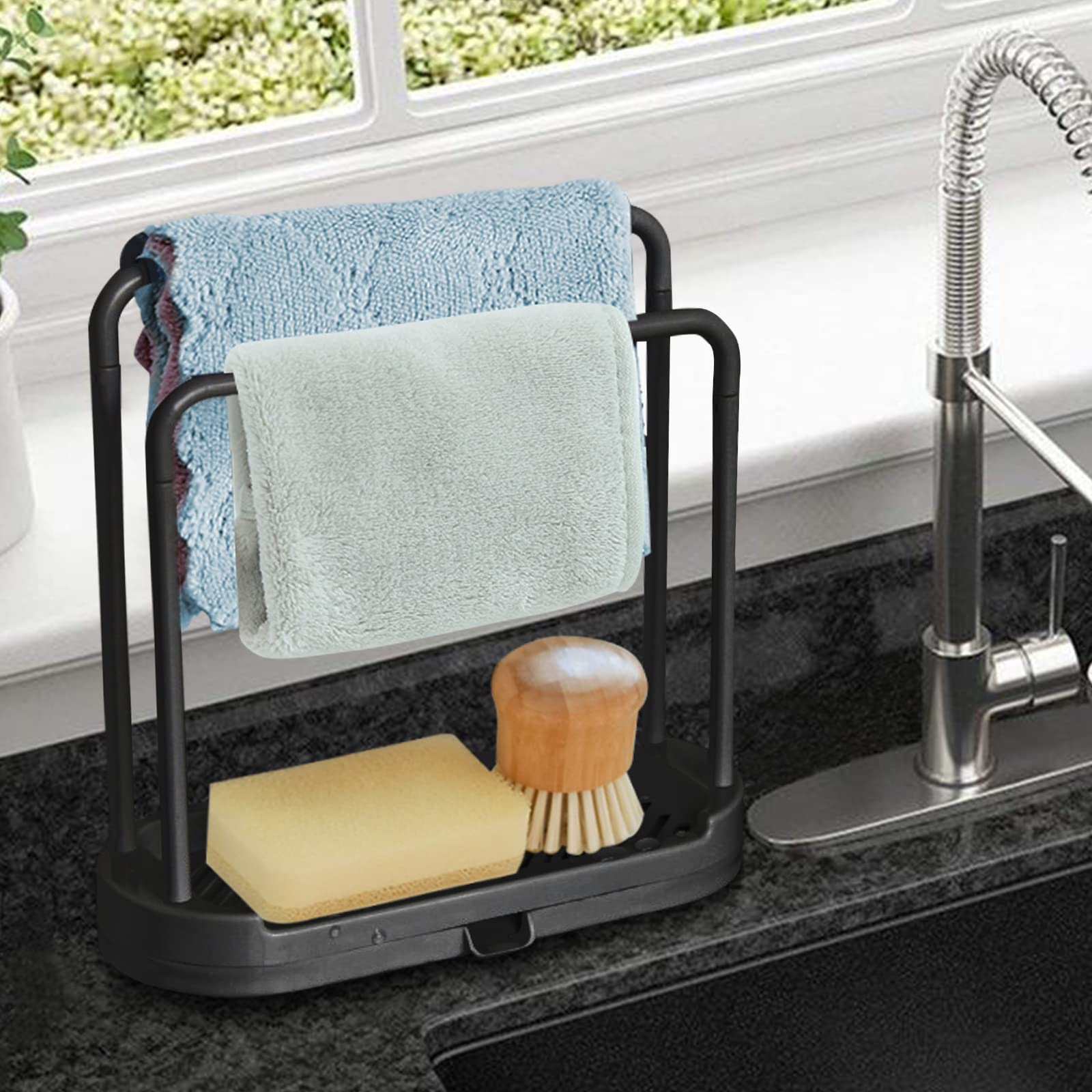 MUUBOOX Kitchen Sink Rack Tray Organizer Stand for Sponge, Dish Cloth, Rag, Brush, Scrubber Storage and Organization (Black)