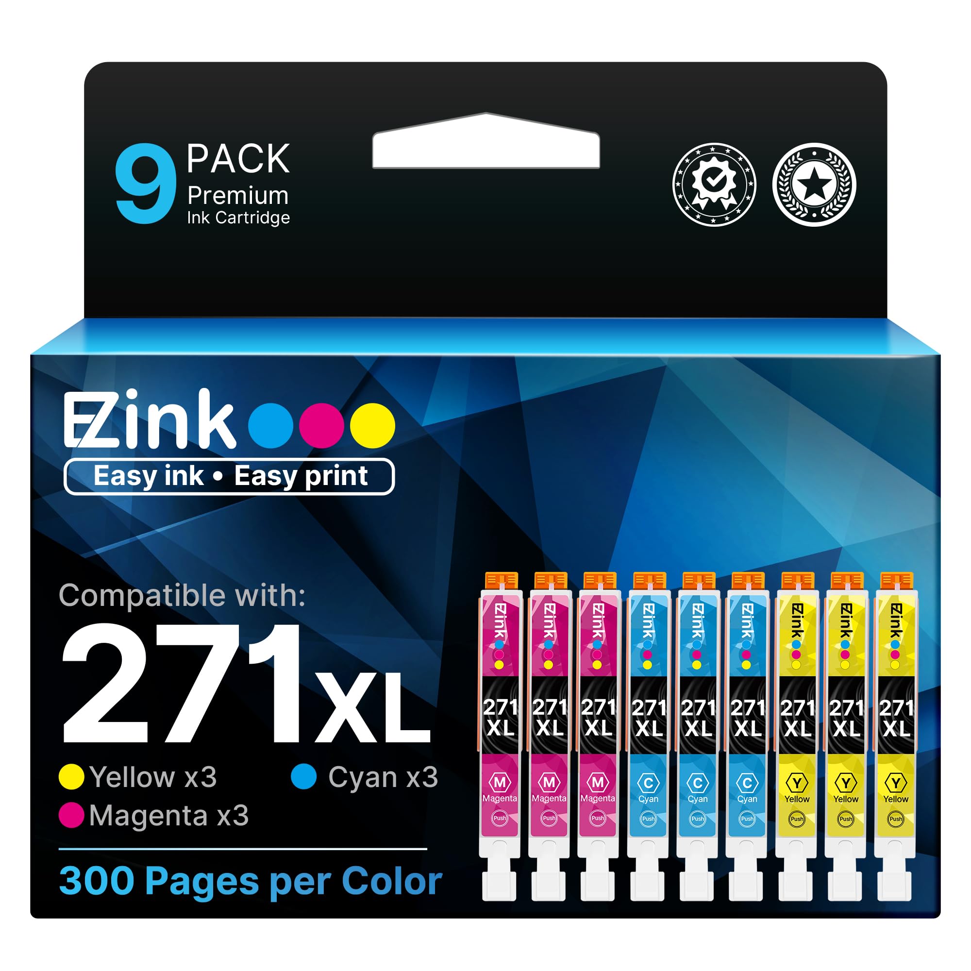 E-Z Ink (TM) Compatible Ink Cartridge Replacement for Canon CLI-271XL CLI 271 XL to use with TS6020 TS9020 TS8020 MG5720 MG5722 MG6820 MG6821 MG6822 MG7720 (3 Cyan,3 Magenta,3 Yellow) 9 Pack