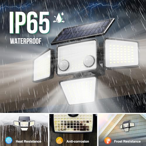 Solar Outdoor Lights - 3000LM 188 LED Motion Sensor Outdoor Lights, 4 Heads IP65 Waterproof Powered Security Flood Lights, 270°Wide Lighting Angle Wall Light with Dual Sensors for Backyard Yard Patio