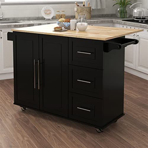 LKTART Kitchen Island Extensible Solid Wood Table Top with Spice Rack Towel Rack Movable on Wheels Kitchen Island for Kitchen(Black)