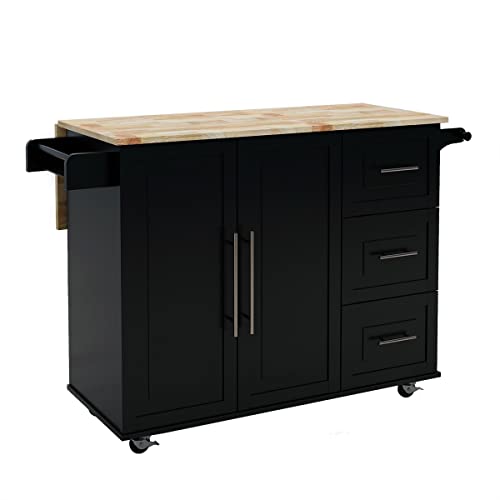 LKTART Kitchen Island Extensible Solid Wood Table Top with Spice Rack Towel Rack Movable on Wheels Kitchen Island for Kitchen(Black)