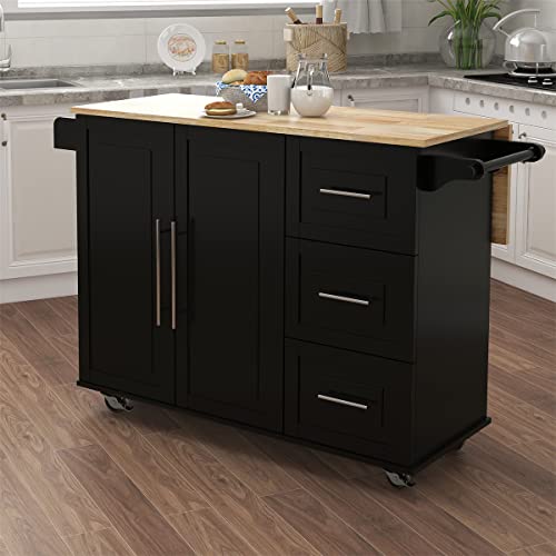 LKTART Kitchen Island Extensible Solid Wood Table Top with Spice Rack Towel Rack Movable on Wheels Kitchen Island for Kitchen(Black)