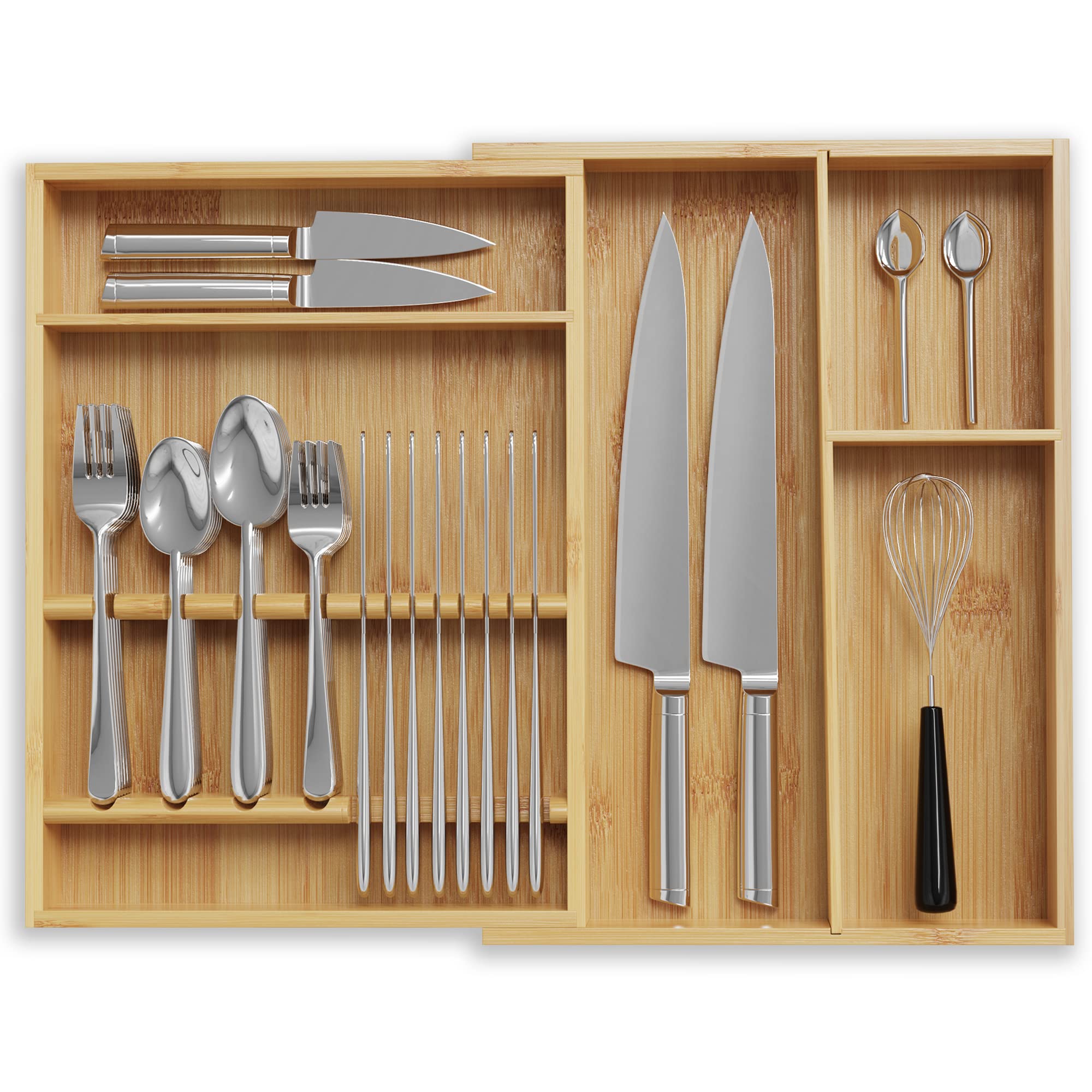 ULG Expandable Bamboo Kitchen Drawer Organizer, Adjustable Cutlery Tray Silverware Organizer with Removable Drawer Dividers, Drawer Dividers Organizer for Silverware, Kitchen Utensils, Office Storage