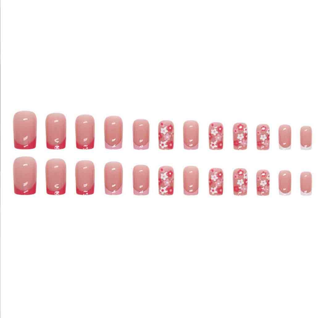 Foccna Square False Press on Nails Pink Medium Acrylic Fake Nails Flower Design for Girl Full Cover Wear Finger Nail Art Tips for Women&Girls 24PCS