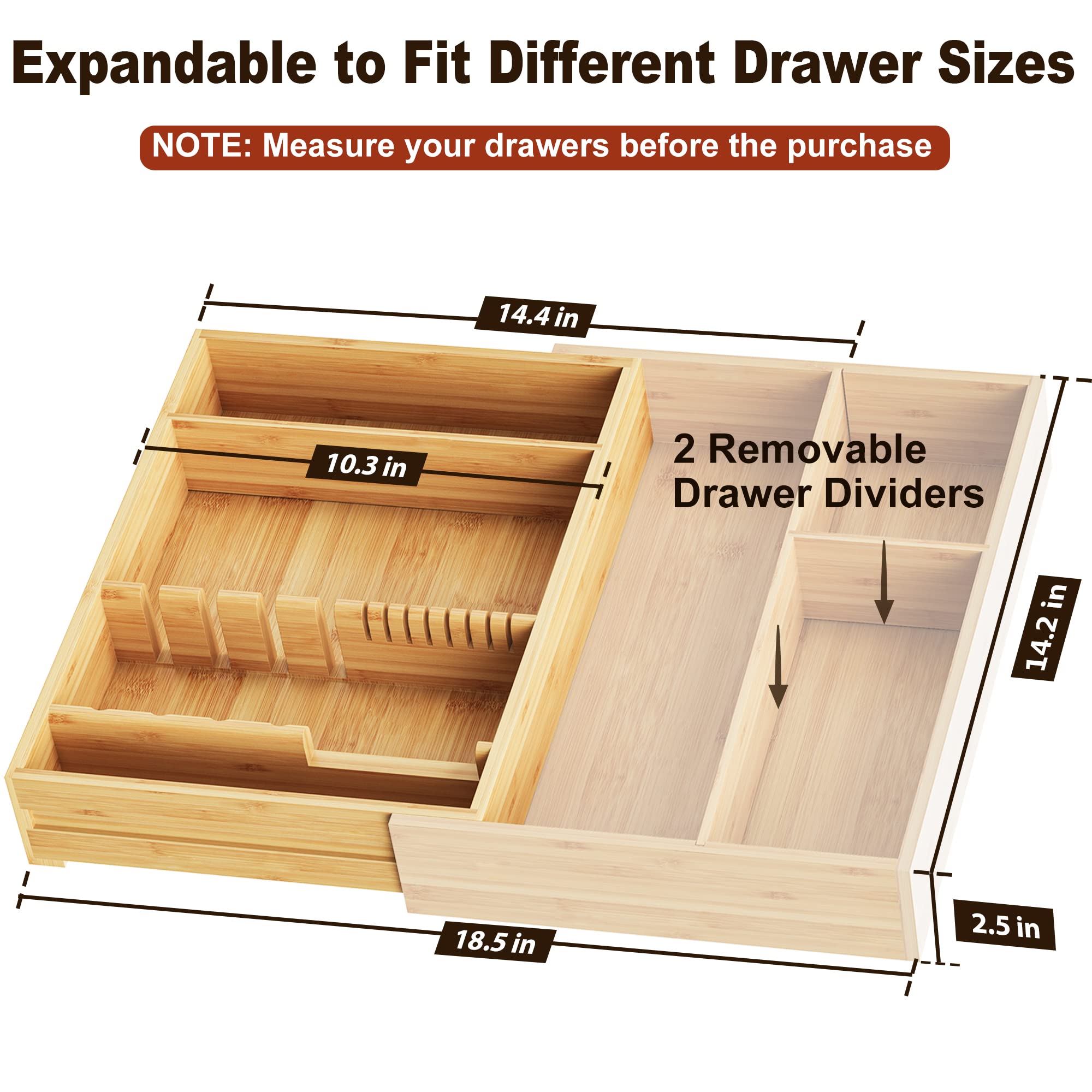 ULG Expandable Bamboo Kitchen Drawer Organizer, Adjustable Cutlery Tray Silverware Organizer with Removable Drawer Dividers, Drawer Dividers Organizer for Silverware, Kitchen Utensils, Office Storage