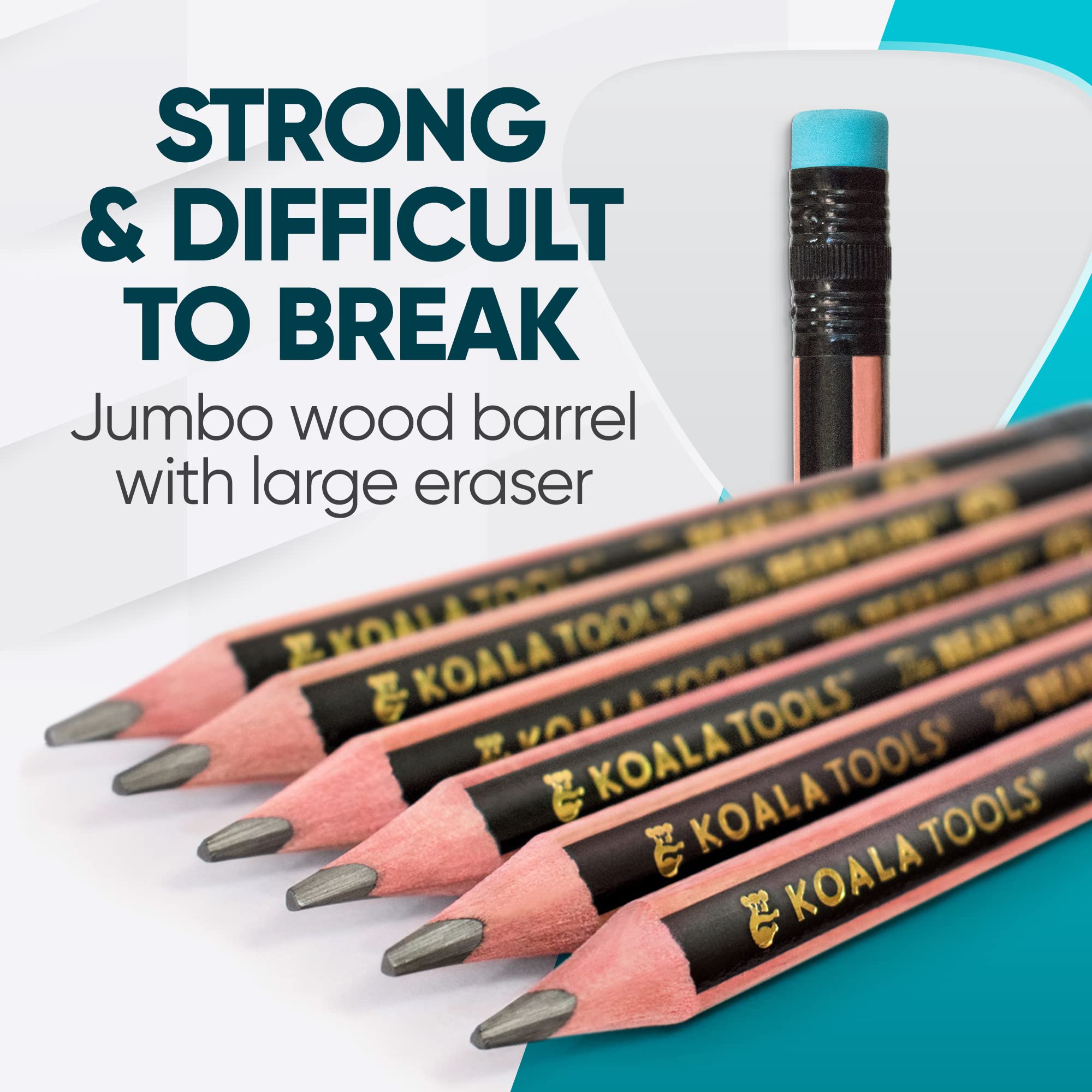 Koala Tools | Bear Claw Pencils (pack of 6) - Fat, Thick, Strong, Triangular Grip, Graphite, 2B Lead with Eraser - Suitable for Kids, Art, Drawing, Drafting, Sketching & Shading