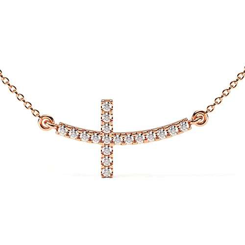 Eternate 14k Solid Gold Diamond Sideways Cross Pendant Necklace for Women in Yellow, White, Rose Gold