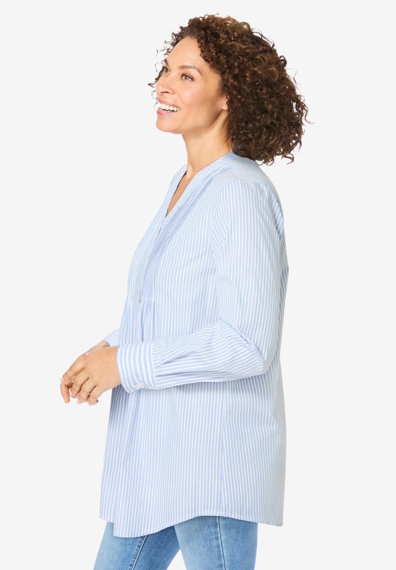 Woman Within Women's Plus Size Perfect Pintuck Tunic - 30/32, French Blue Stripe