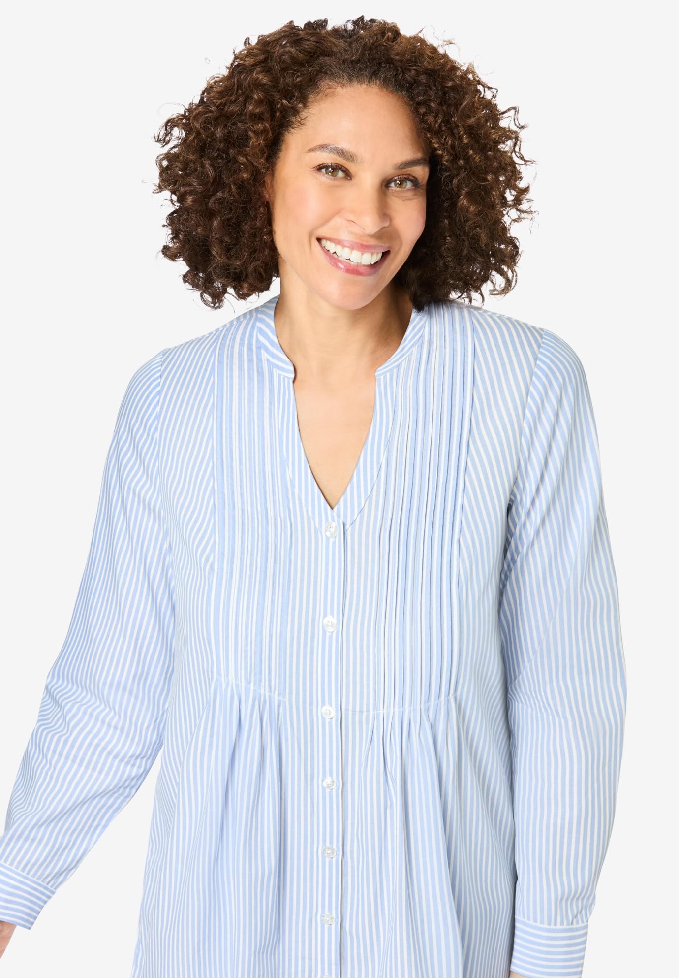 Woman Within Women's Plus Size Perfect Pintuck Tunic - 30/32, French Blue Stripe