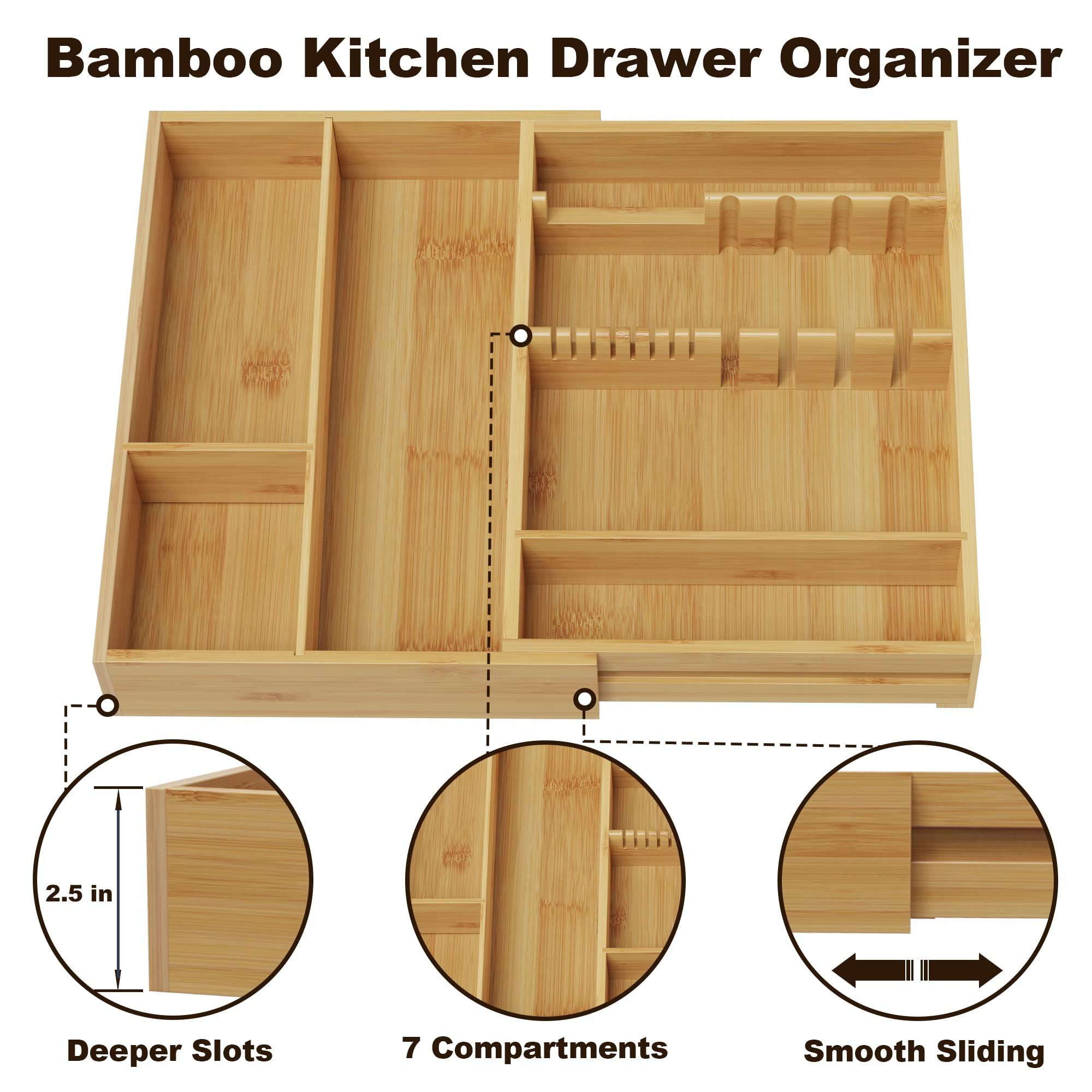 ULG Expandable Bamboo Kitchen Drawer Organizer, Adjustable Cutlery Tray Silverware Organizer with Removable Drawer Dividers, Drawer Dividers Organizer for Silverware, Kitchen Utensils, Office Storage