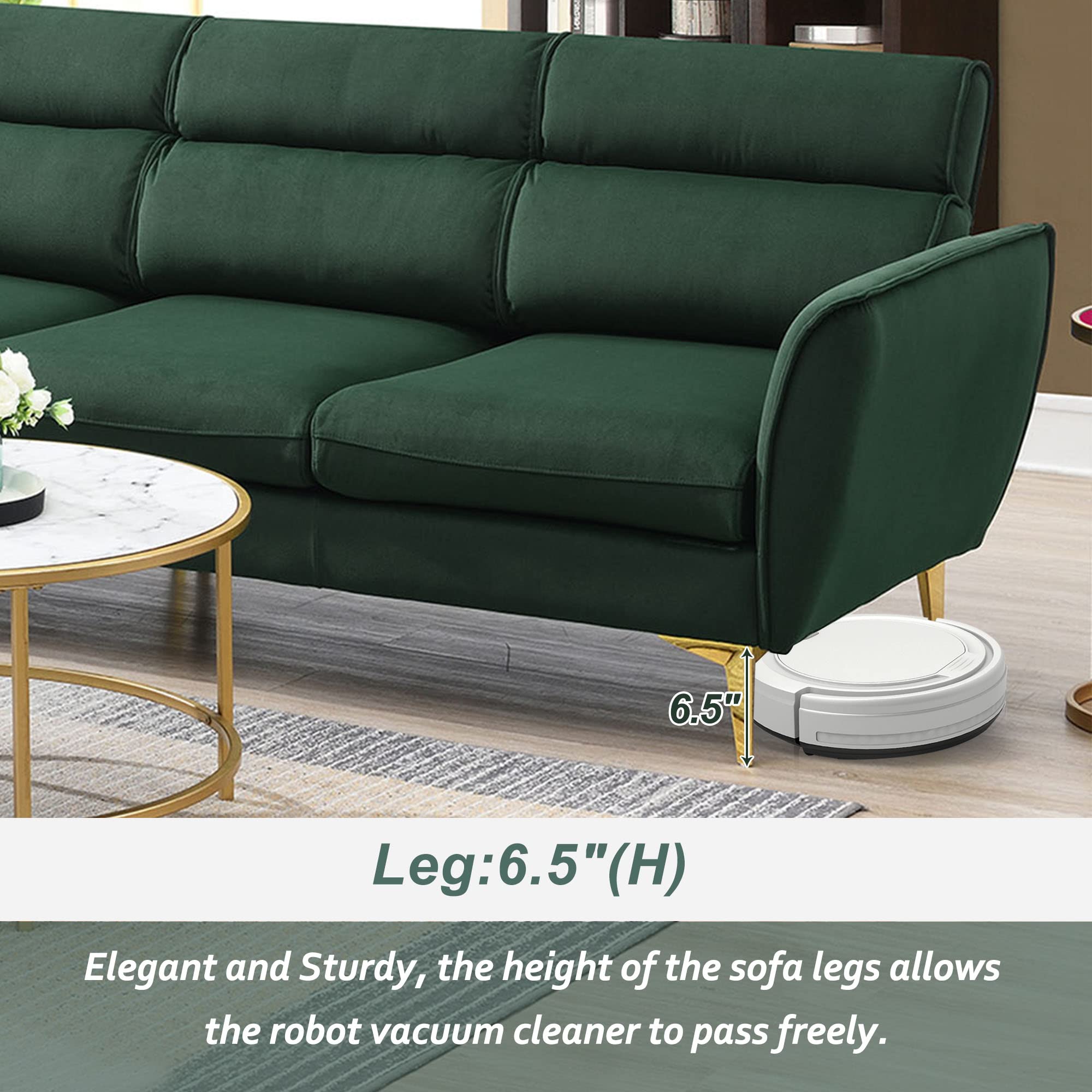 Prohon 111" L Shaped Convertible Sofa Left/Right Hande Chaise, Flannel Sectional Couch w/Gold Legs for Bedroom, Living Room, Green