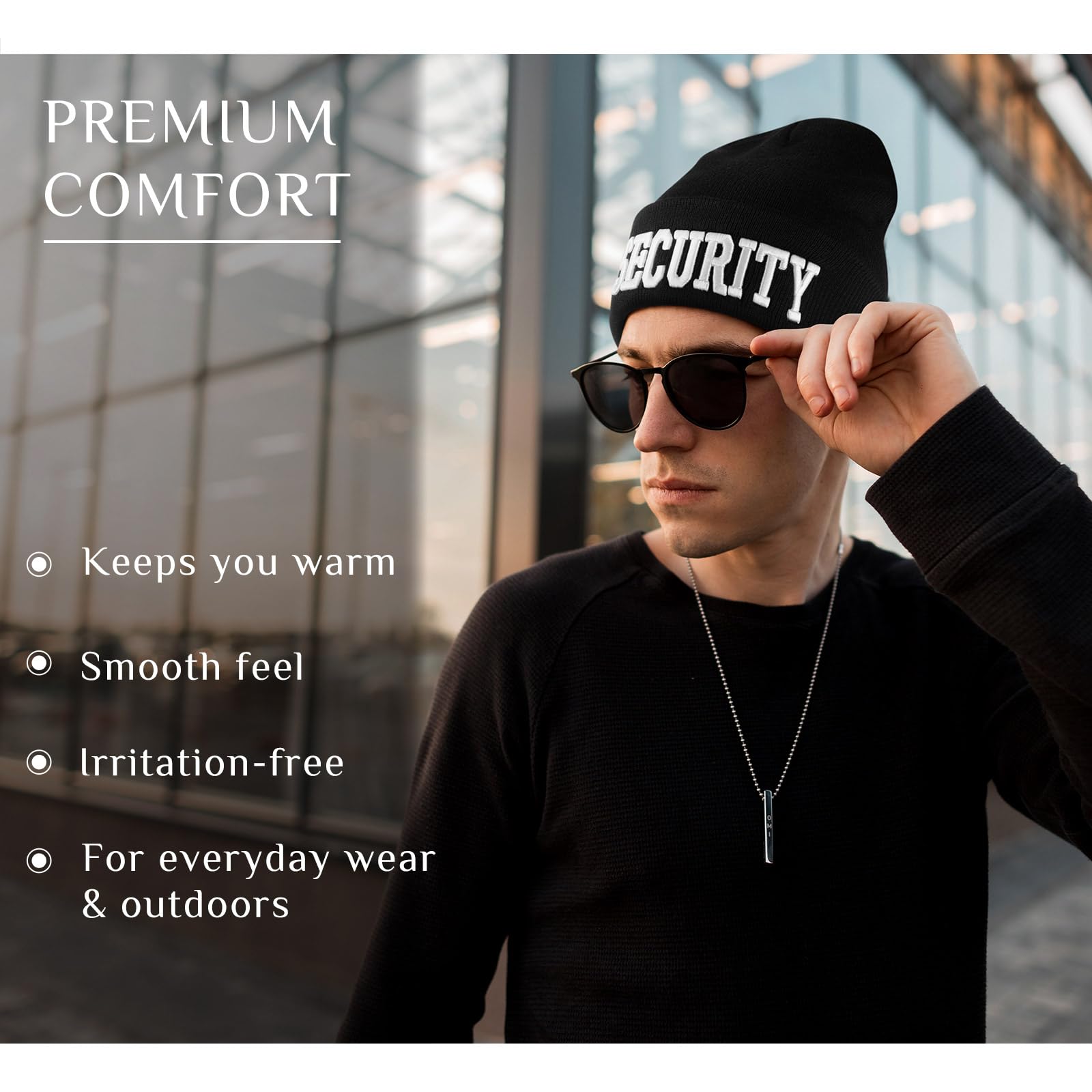 Panitay 12 Pcs Cuffed Beanie Knitted Beanie Hat Embroidered Hat Black Winter Skull Cap for Men Women (Black, White,Security)