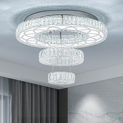 Zswanbei 21" Crystal Ceiling Lamp 3 Ring Large Modern LED Chandelier Acrylic Adjustable Pendant Light Fixtures for Dining Room Living Room Girls Bedroom (Cool White)