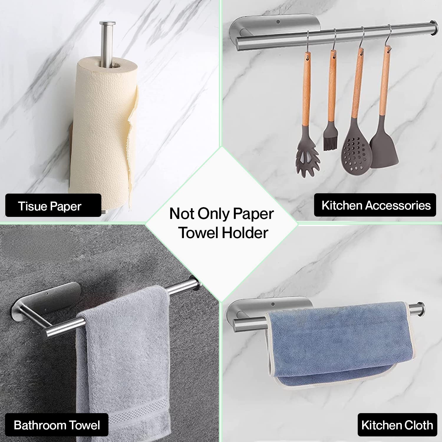 Paper Towel Holders, Paper Towel Holder Under Cabinet, Stainless Steel Paper Towel Holder Wall Mount for Kitchen, Bathroom, Paper Towel Rack with Self Adhesive and Screws, Both Available