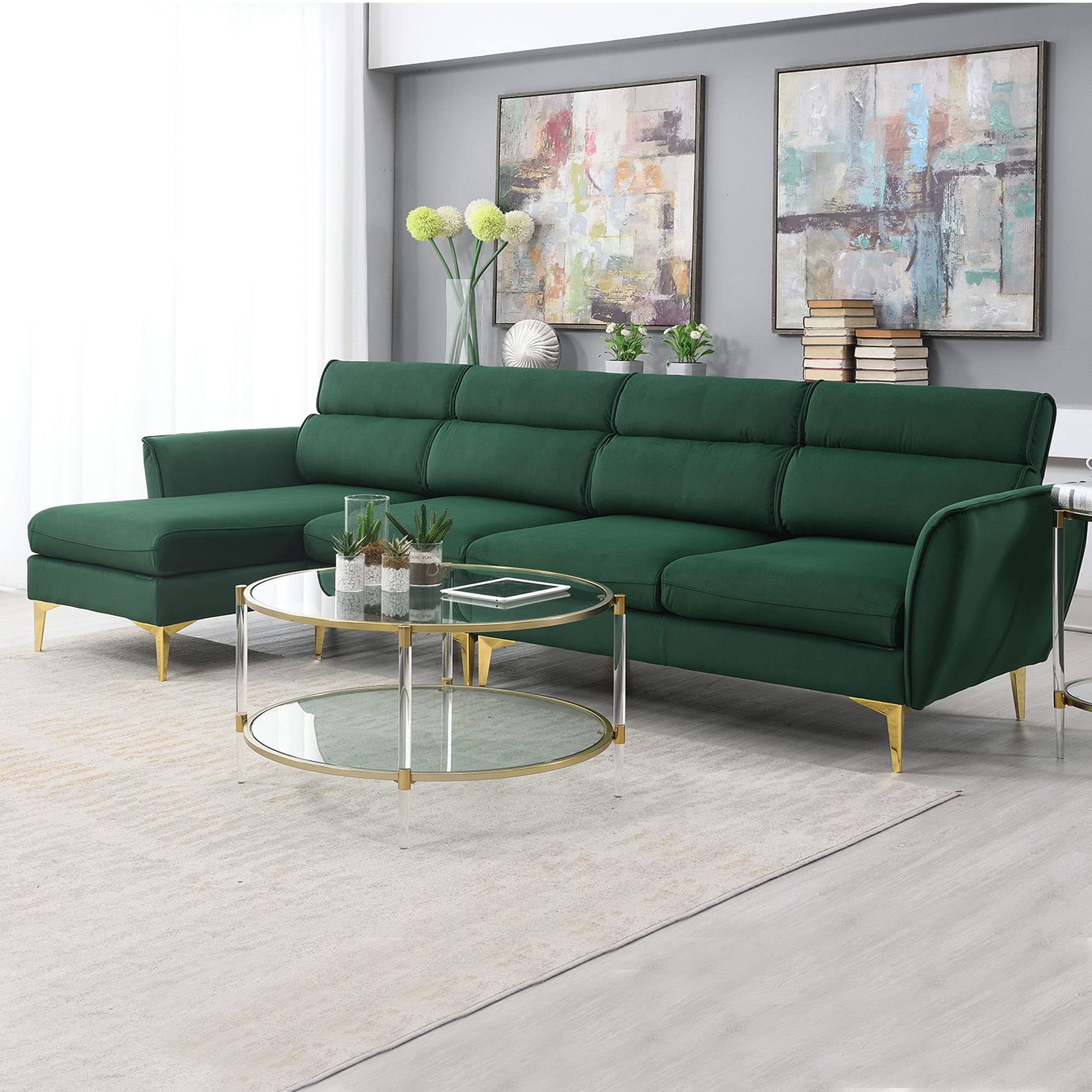 Prohon 111" L Shaped Convertible Sofa Left/Right Hande Chaise, Flannel Sectional Couch w/Gold Legs for Bedroom, Living Room, Green