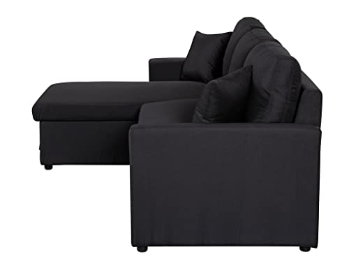 FurniFusion Living Room L-Shape Linen Reversible Sleeper Sectional Sofa with Storage Chaise, Black Corner Couch with Arms for Home Furniture, Apartment, Dorm, 82 Inch