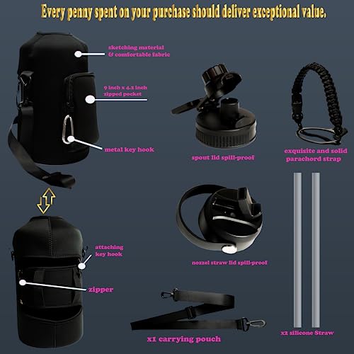 Monohydro 1 gallon Water Bottle, 128 oz Stainless Steel Water Jug double wall Insulated water bottle w lids Leakproof, Paracord Handle, pocket Carrying Pouch -Black