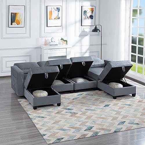 Goohome 116'' Modular Sectional, U-Shaped Velvet Convertible, Minimalist Modern 6 Seater Sleeper Couch with Chaise Ottomans, Sofa Sets, for Living Room, Bedroom, B-Dark Gray