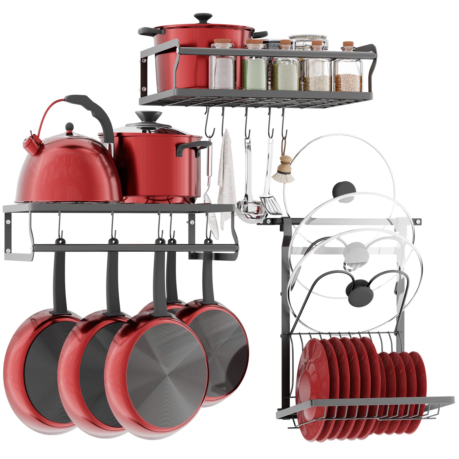 KOSTBAR Hanging Pot Rack, Wall Mounted Pan Rack, Cookware Organizer with 10 Hooks, Small Kitchen Storage Shelf for Utensils. Dish Rack With Lid Holder, Modular Design Shelves