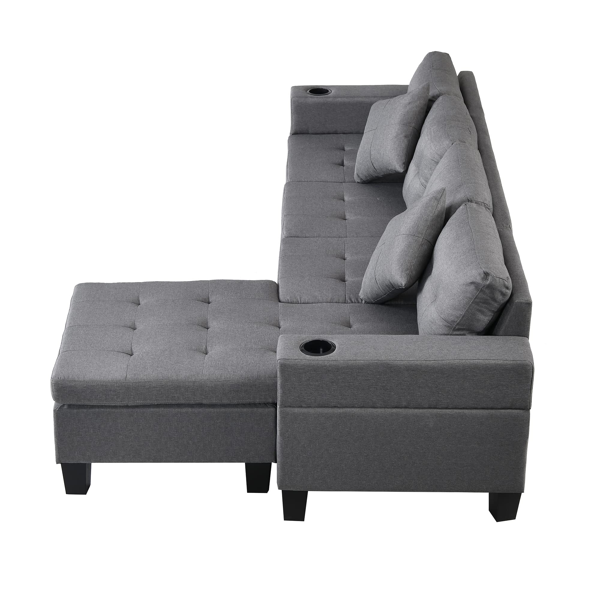 FANYHOME Sectional Sofa Set for Living Room with L Shape Lounge,Cup Holder and Left or Right Hand Chaise Modern 4 Seat, Grey