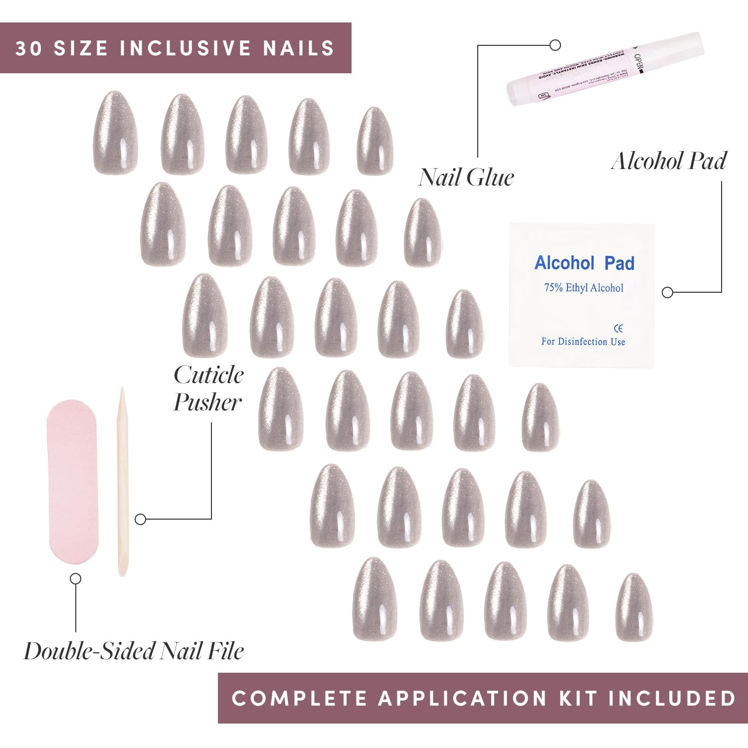 Glamnetic Press On Nails - Oslo | Short Almond Silver Shimmer Nails with a Cat Eye Finish | 15 Sizes - 30 Nail Kit with Glue