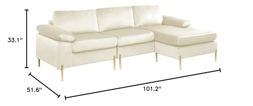 EMKK 101" Reversible Sectional 3 Seat L Shaped Modular Sofa with Flexible Storage Ottoman Chaise Modern Velvet Upholstered Sofá &Couches for Living Room Furniture Sets Apartment Office, E-Beige