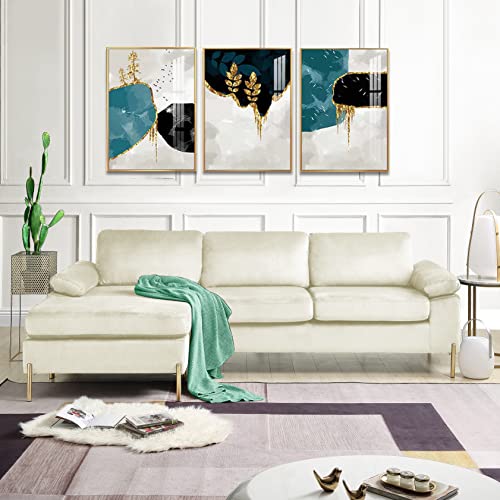 EMKK 101" Reversible Sectional 3 Seat L Shaped Modular Sofa with Flexible Storage Ottoman Chaise Modern Velvet Upholstered Sofá &Couches for Living Room Furniture Sets Apartment Office, E-Beige