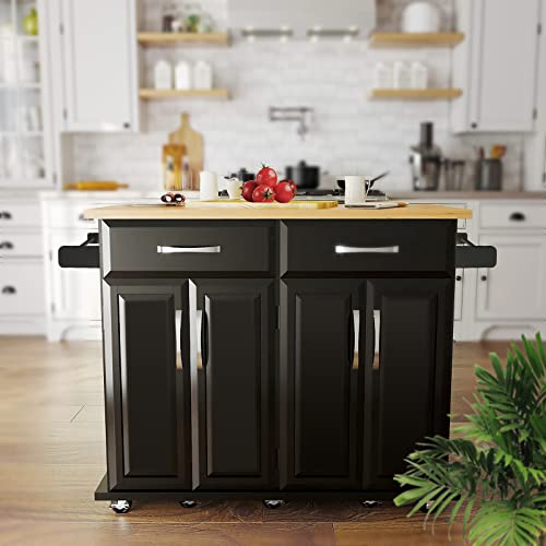 Codesfir Kitchen Island Cart with Storage Cabinet, Kitchen Island on Wheels with Drawer and Towel Rack, Rubber Wood Top, L48xW18xH36 Inches, Black