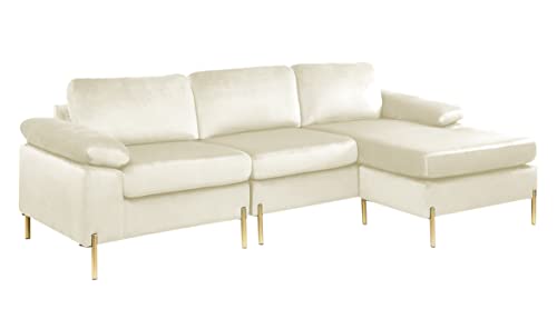 EMKK 101" Reversible Sectional 3 Seat L Shaped Modular Sofa with Flexible Storage Ottoman Chaise Modern Velvet Upholstered Sofá &Couches for Living Room Furniture Sets Apartment Office, E-Beige