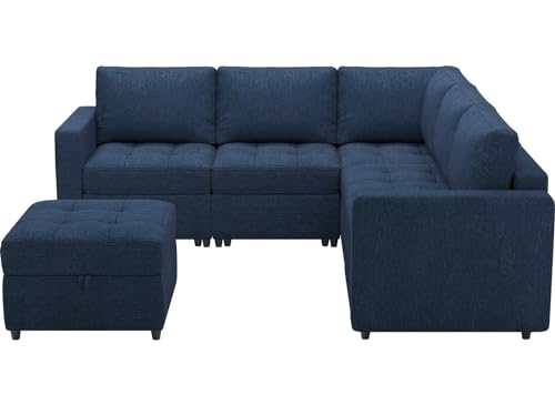 Belffin Oversized Modular Sectional Sofa Fabric L Shape Pull Out Couch with Ottoman Sleeper Sectional Couch with Chaise and Storage Sectional Set 6 Seater Sofa Reversible Sofa for Living Room Blue